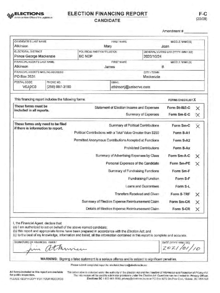 Fillable Online Elections BC Financing Report for Prince George Mackenzie BC NDP Campaign.pdf ...