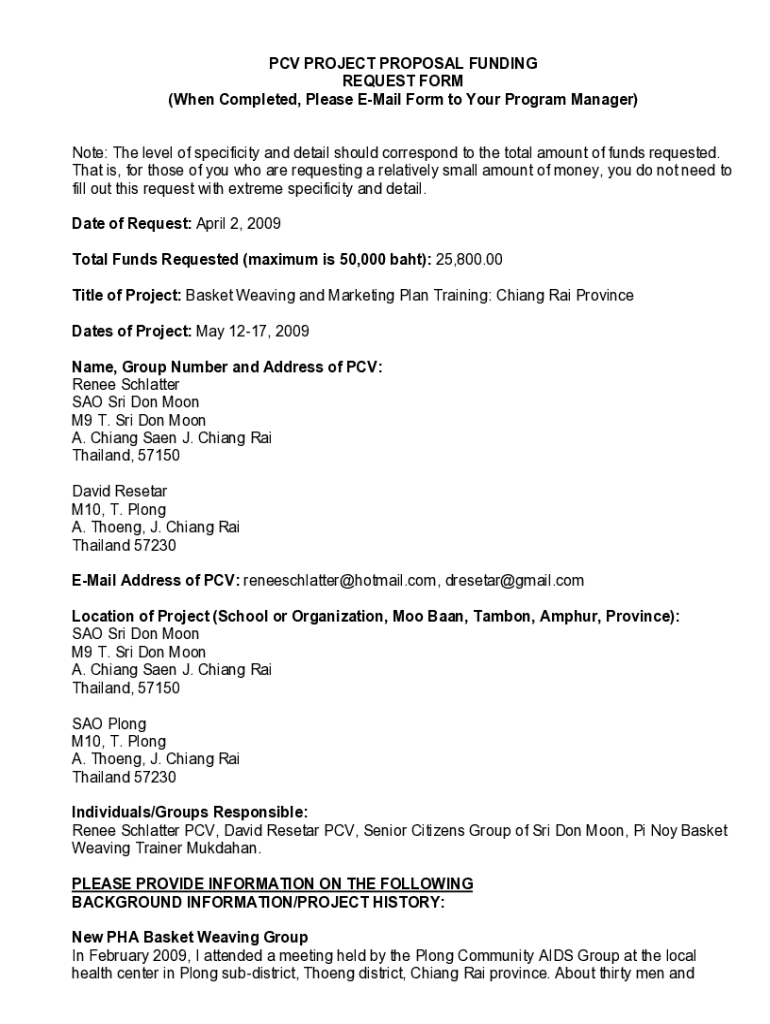 Fillable Online PCV PROJECT PROPOSAL FUNDING REQUEST FORM (When ... Fax ...