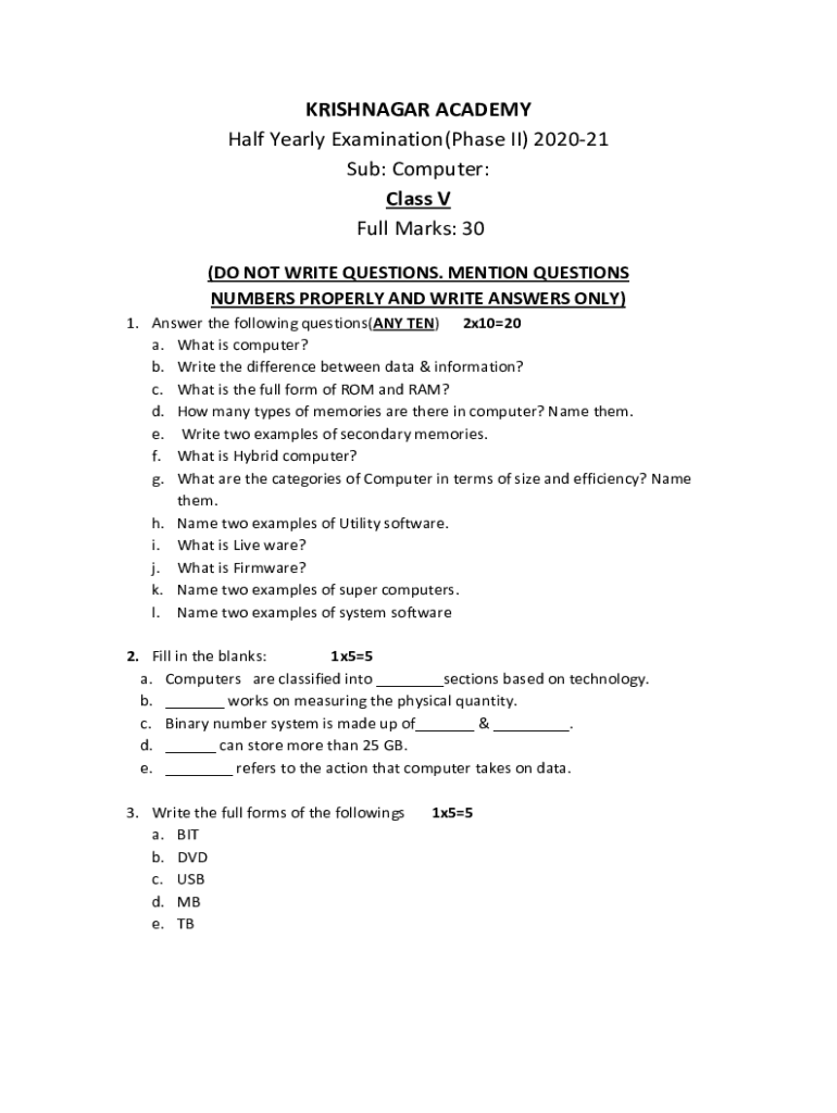 Fillable Online KVS Class 5 Computer Half Yearly Exam Sample ...