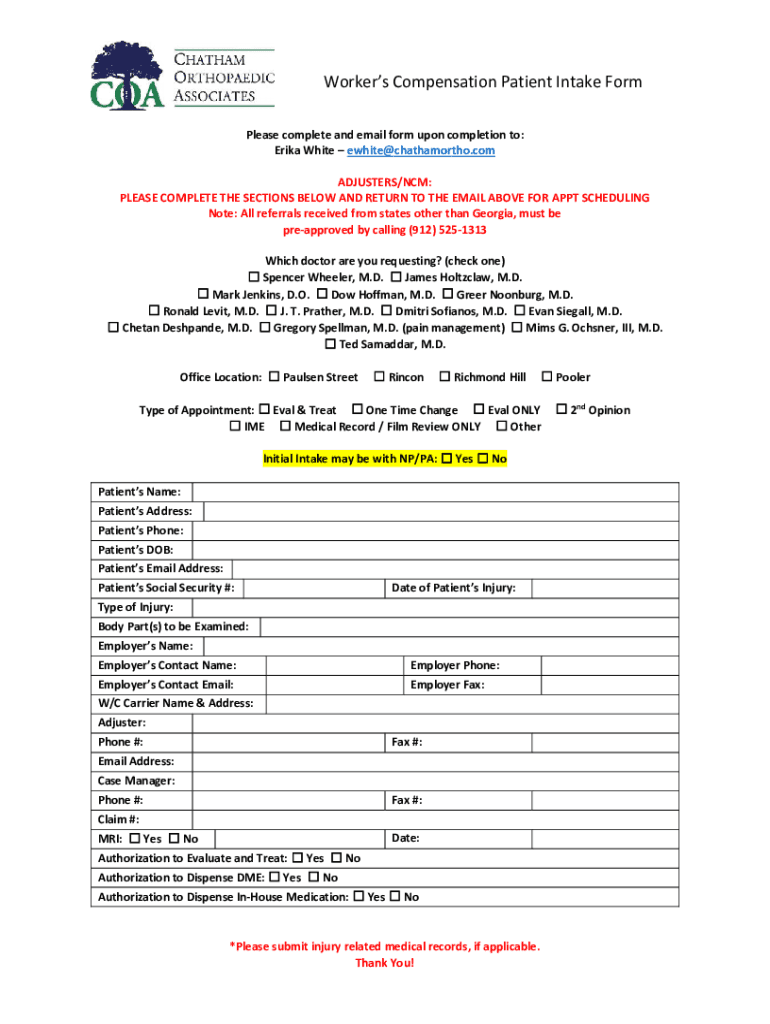 Fillable Online Workers Compensation Patient Intake Form Fax Email ...
