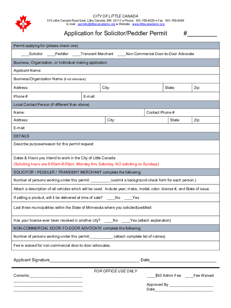 Fillable Online Application for Solicitor/Peddler Permit # Fax Email ...