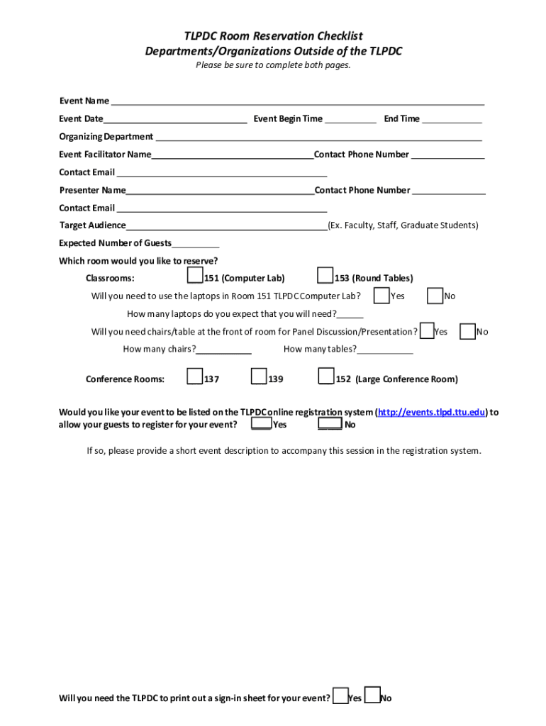 Fillable Online TLPDC Room Reservation Checklist ... Fax Email Print ...