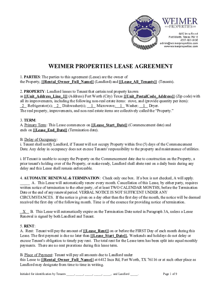 Fillable Online WEIMER PROPERTIES LEASE AGREEMENT Fax Email Print - pdfFiller