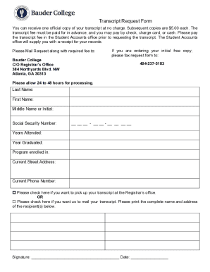 Fillable Online Bauder College Transcript Form. Transcript Request Template Fax Email Print ...