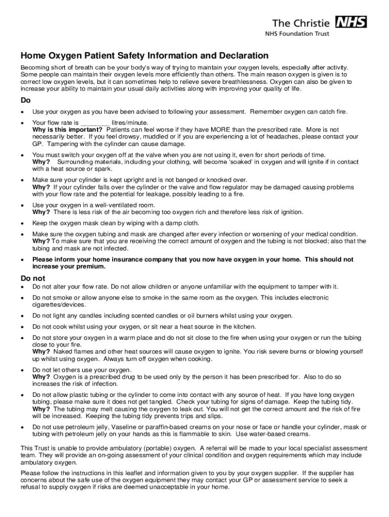 Fillable Online Home Oxygen Patient Safety Information and Declaration ...
