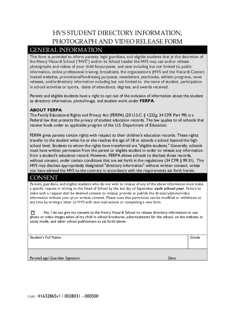 Fillable Online HVS STUDENT DIRECTORY INFORMATION, PHOTOGRAPH AND VIDEO ...