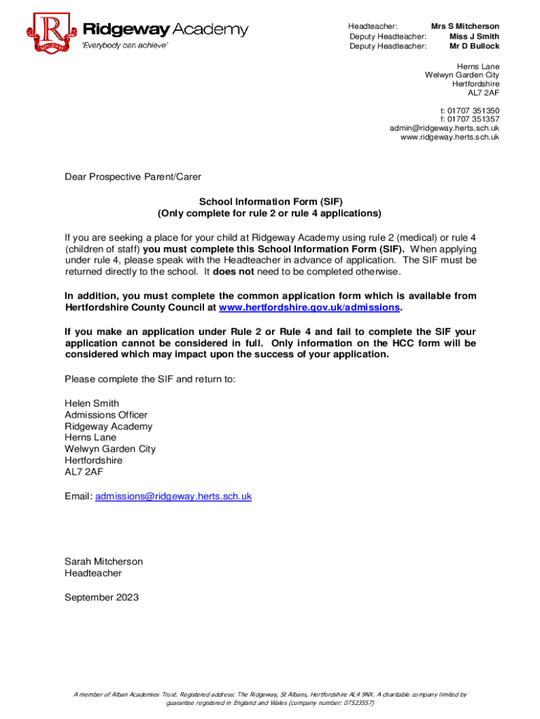 Fillable Online Dear Prospective Parent/Carer School Information Form ( ... Fax Email Print ...