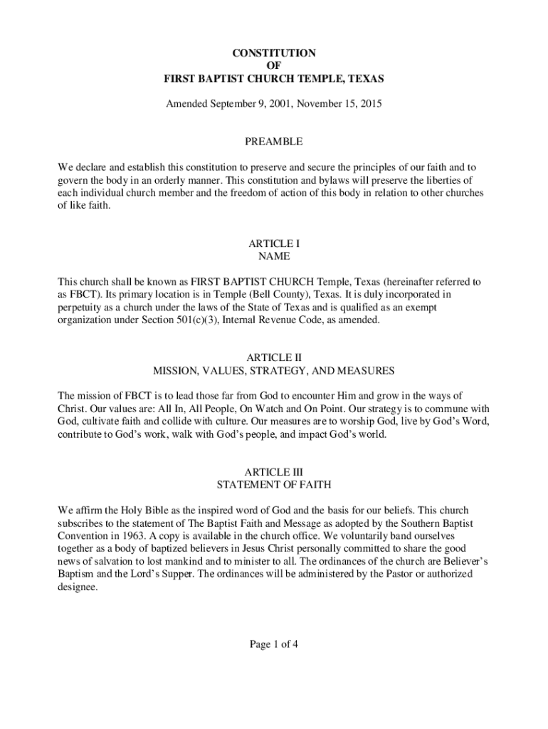 Fillable Online s Constitution and By Laws - First Baptist Church ...
