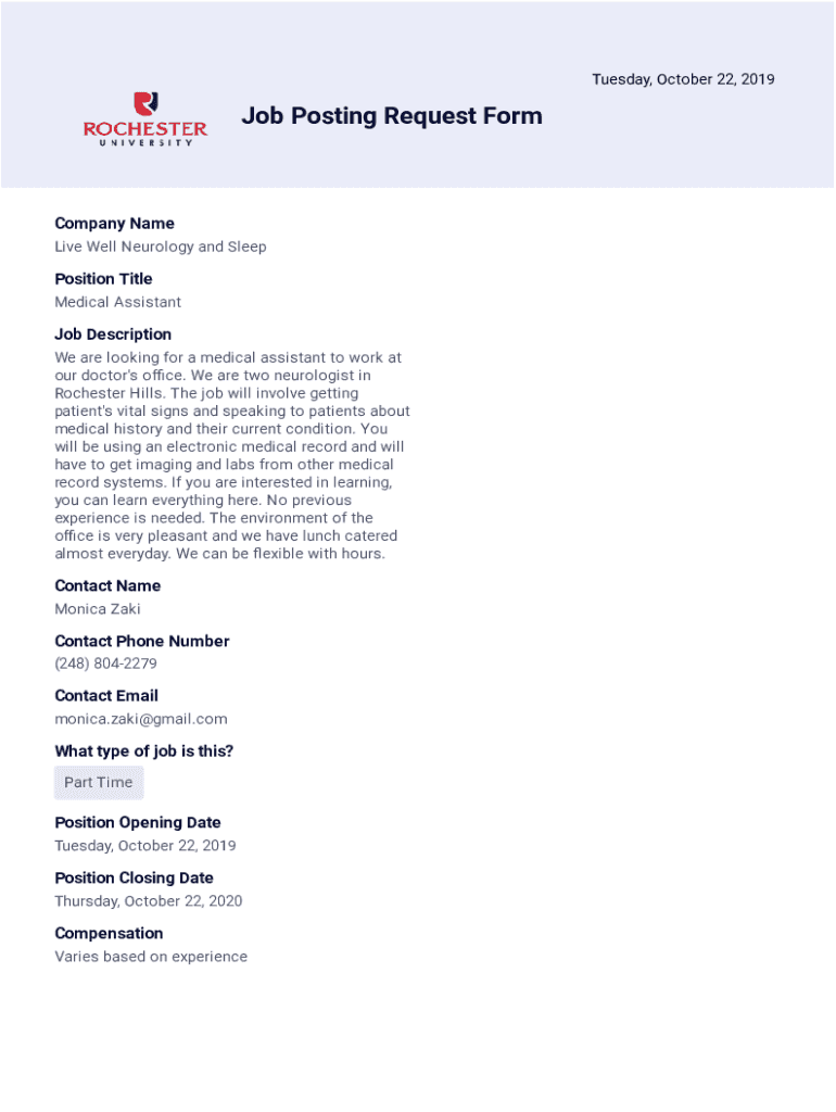 Fillable Online Medical Assistant - Job Posting Request Form Fax Email ...