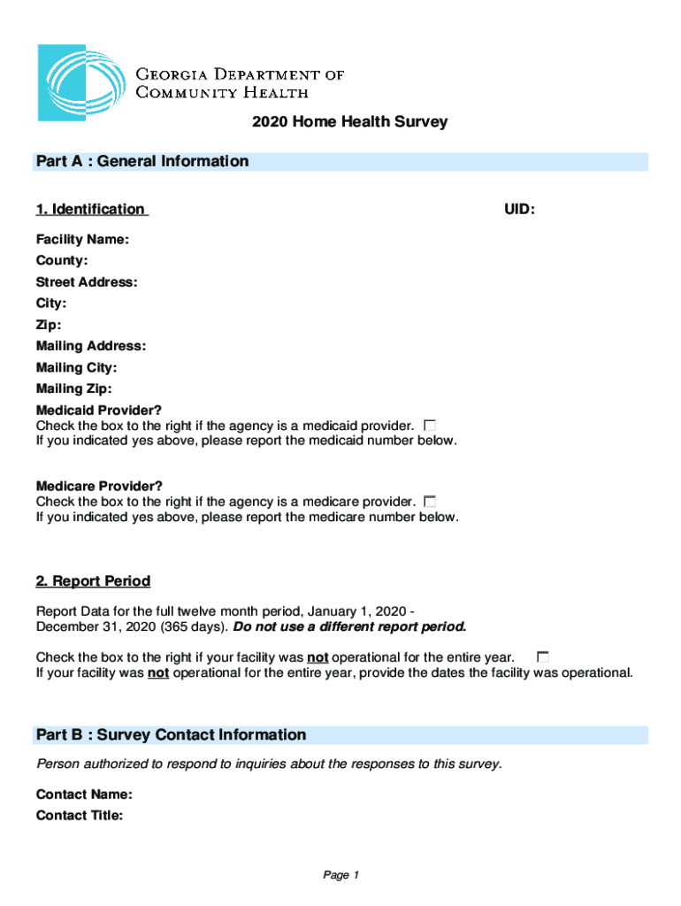Fillable Online 2020 Home Health Survey Part A : General Information ...
