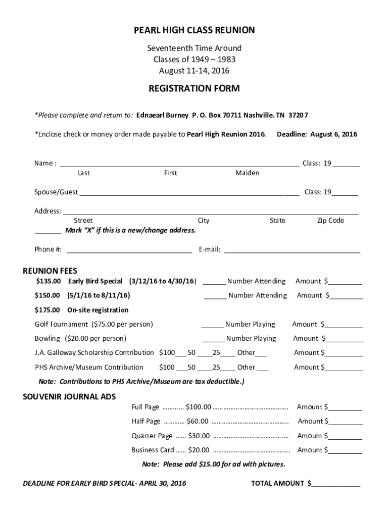 Fillable Online PEARL HIGH CLASS REUNION REGISTRATION FORM Fax Email ...