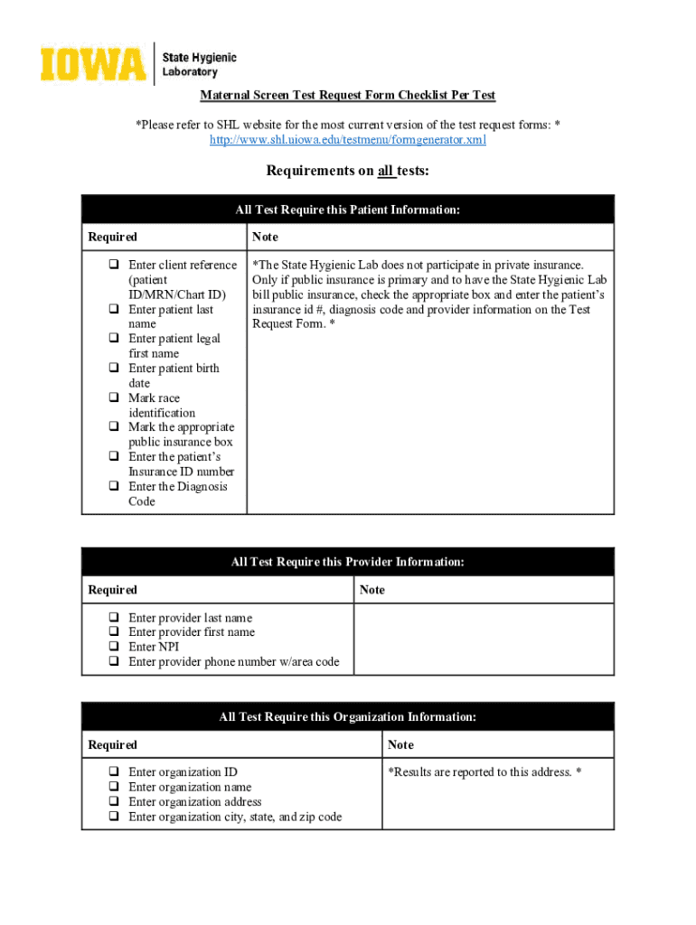 Fillable Online Clinical Test Request Forms - State Hygienic Laboratory ...