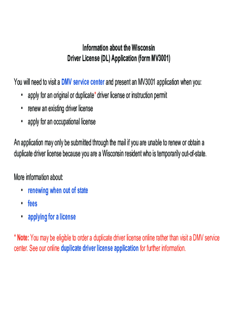 Fillable Online Wisconsin Driver License (DL) Application (form MV3001 ...