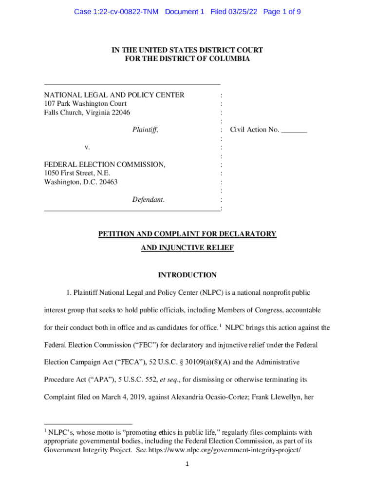 Fillable Online National Legal And Policy Center V FEC 22 0822 Fax