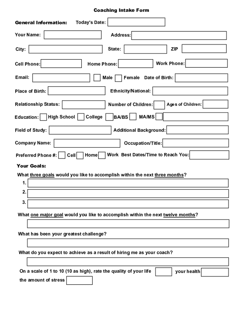 Fillable Online Coaching Intake Form Today's Date: Your Name: City ...