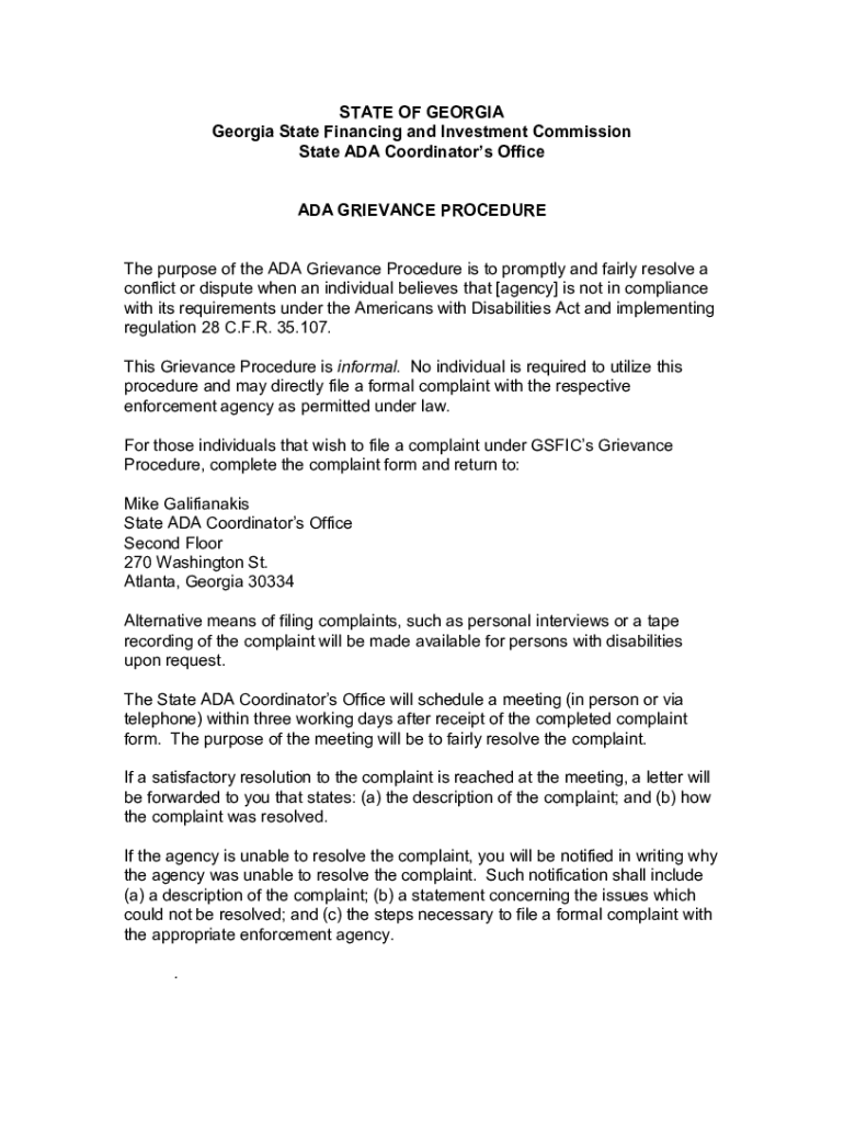 Fillable Online ada georgia Grievance Procedure - Americans with ...