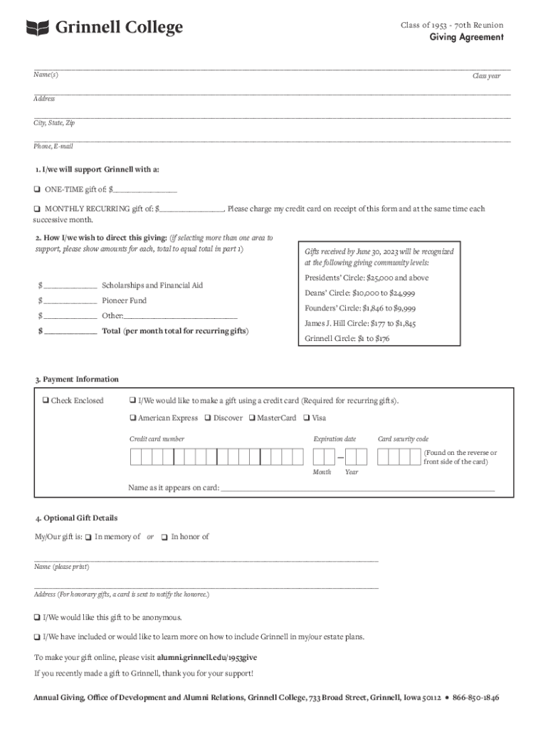 Fillable Online alumni grinnell 1953 70th Reunion Gift Form.indd Fax ...