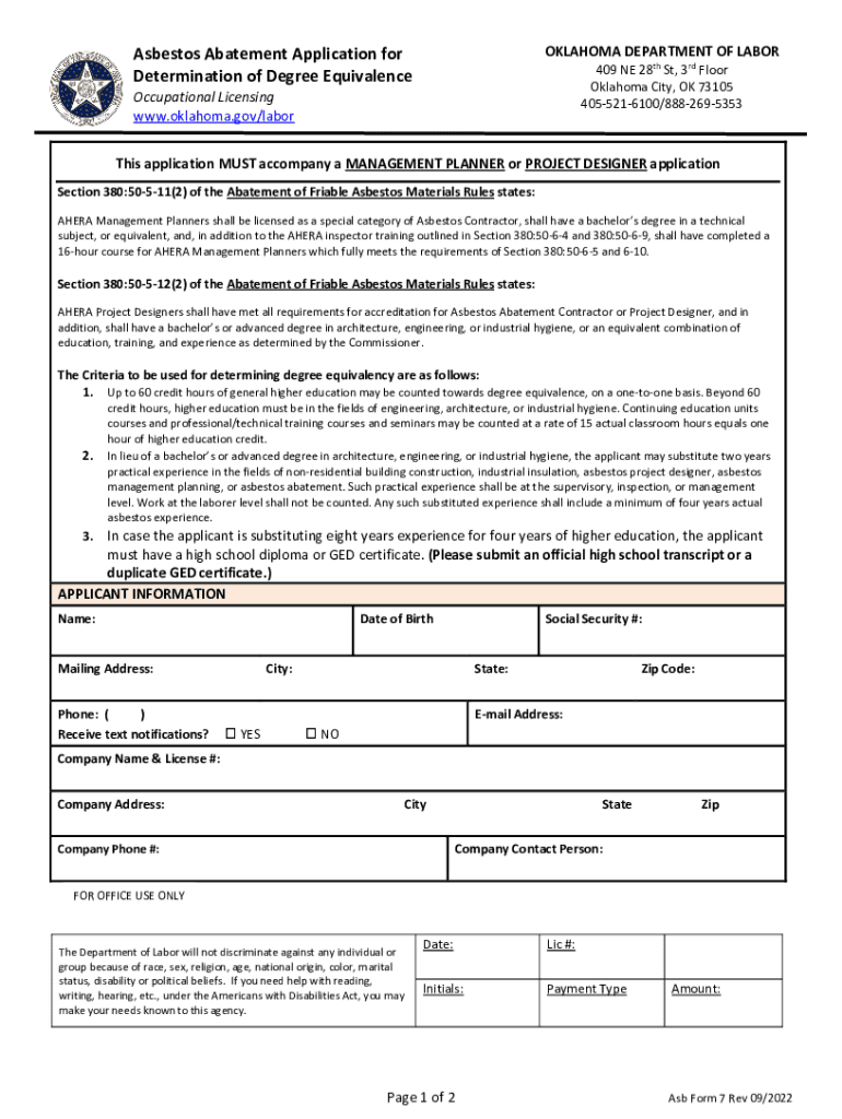 Fillable Online Asbestos Abatement Application for Determination of ...
