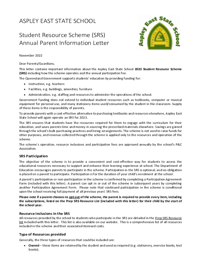 Fillable Online Student Resource Scheme Annual Parent Information ...