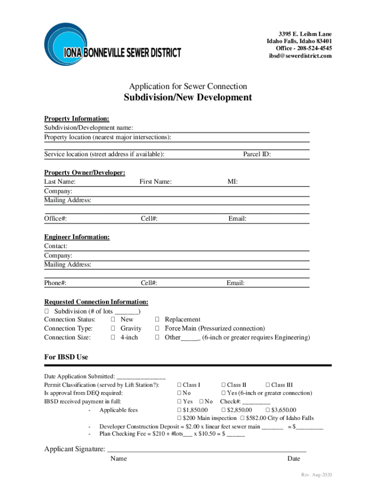 Fillable Online Application for Sewer Connection - Single Residential ...