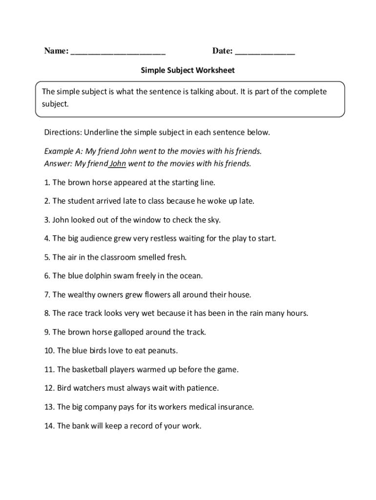 Fillable Online Simple and complete subjects Worksheet Fax Email Print ...