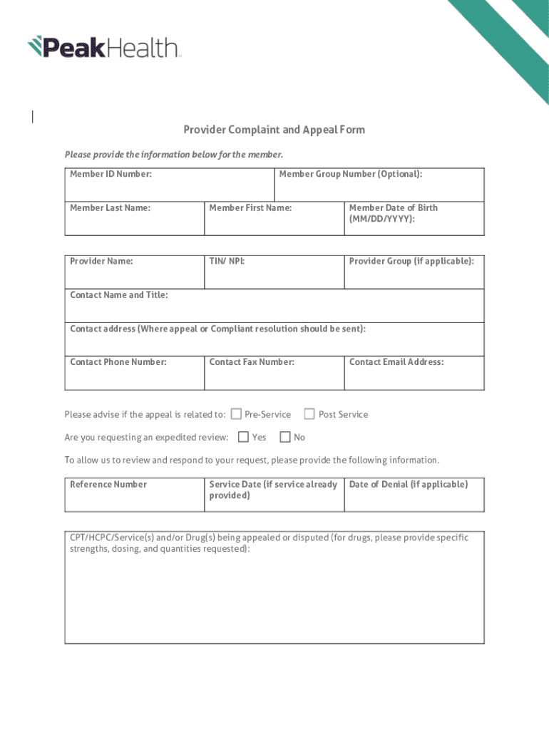 Fillable Online Provider Complaint and Appeal FormPeak Health Fax Email ...