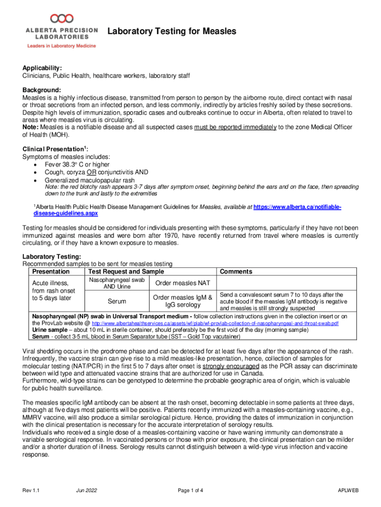 Fillable Online Laboratory Testing for Measles. Laboratory Testing for ...