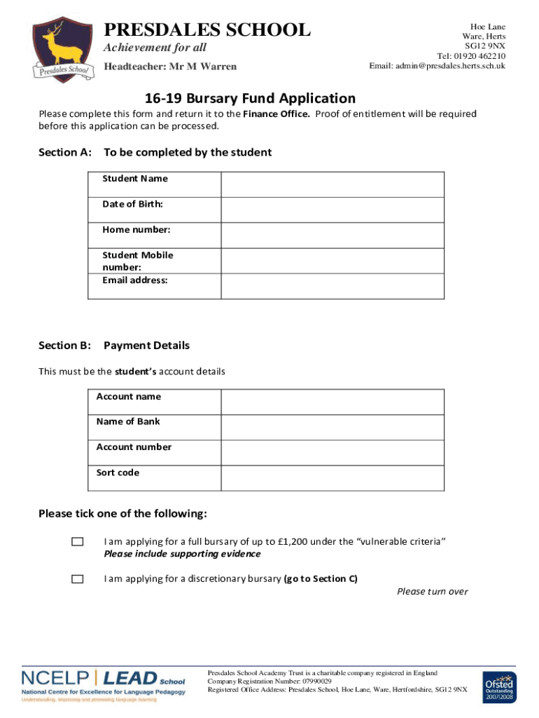 Fillable Online 16-19 Bursary Fund Application Fax Email Print - pdfFiller