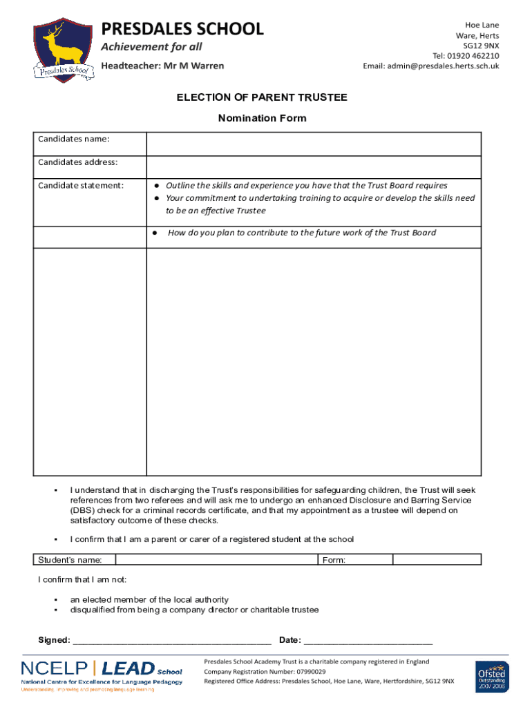 Fillable Online Election of Parent Trustee - Nomination Form Fax Email ...