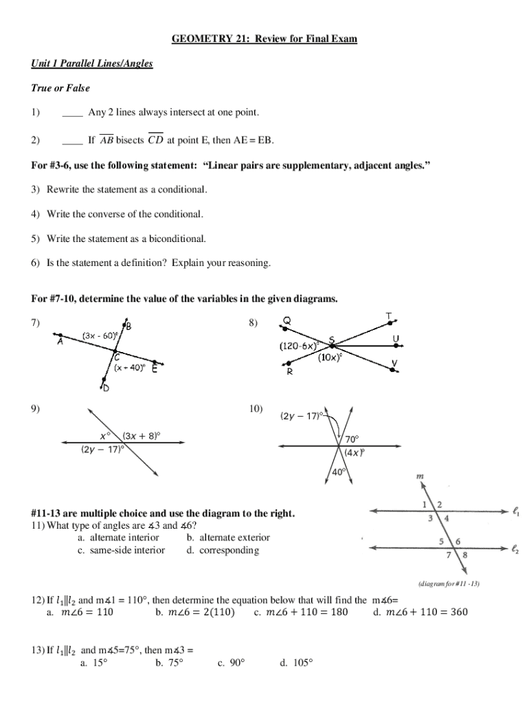 Fillable Online Honors Geometry: Review for Final Exam Unit 1 Parallel ...