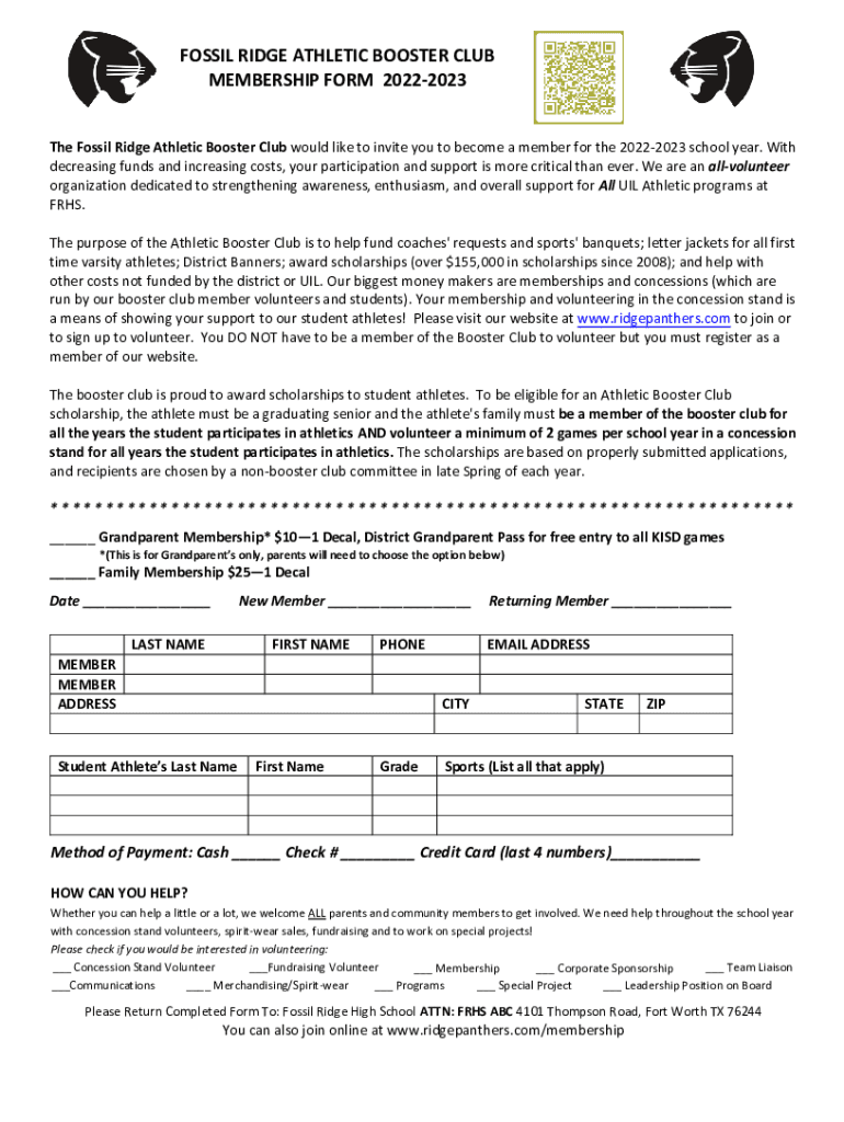 Fillable Online Fossil Ridge Panthers High School Booster Club Fax ...
