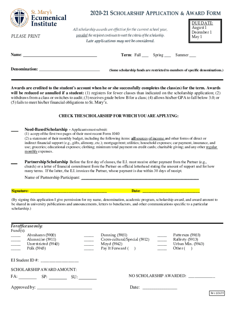 Fillable Online 2020-21 SCHOLARSHIP APPLICATION & AWARD FORM Fax Email Print - pdfFiller