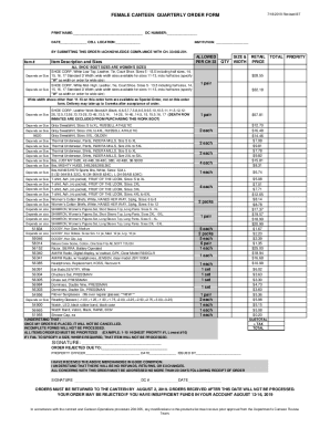 Fillable Online MALE CANTEEN QUARTERLY ORDER FORM SIGNATURE Fax Email ...