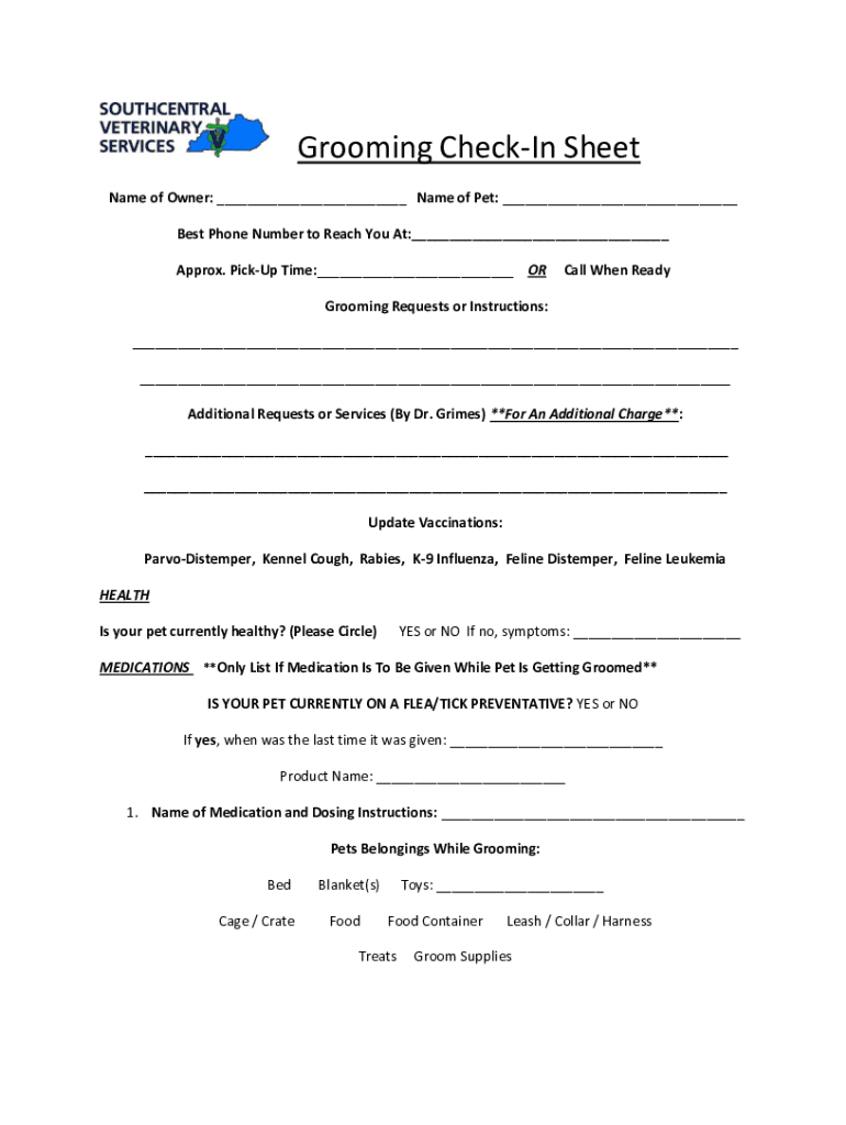 Fillable Online Grooming Check-In Sheet Fax Email Print - pdfFiller