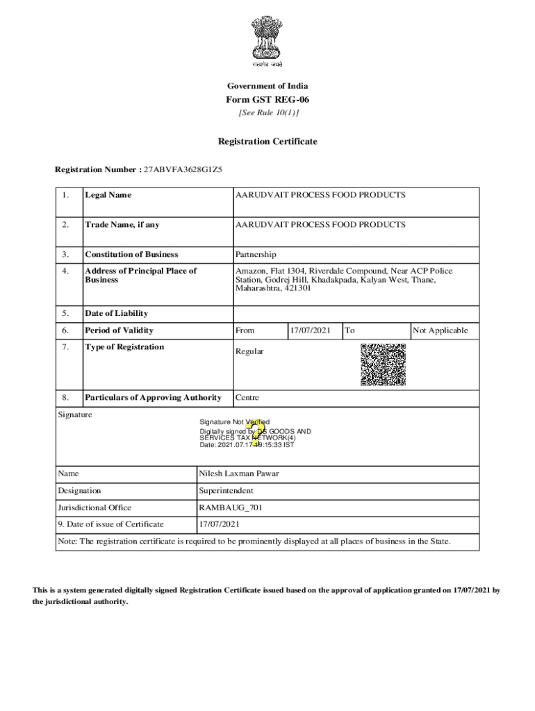 Fillable Online Government Of India Form GST REG-06 Registration ...