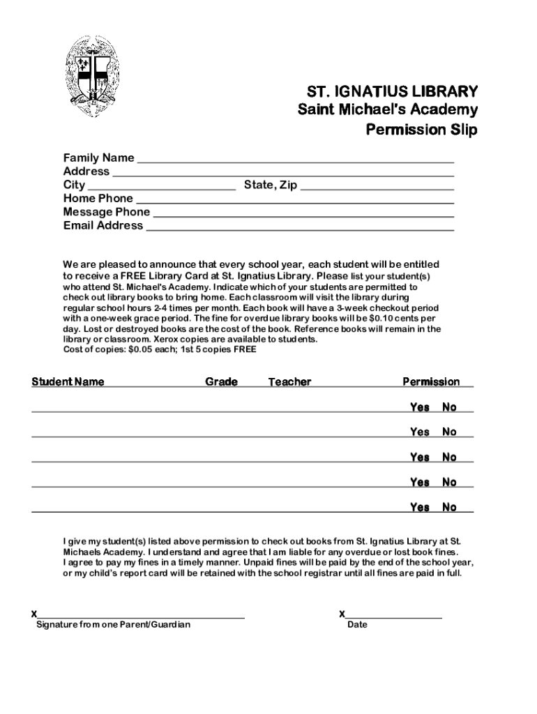Fillable Online library-permission-slip.pdf - St. Michael's Academy Fax Email Print - pdfFiller