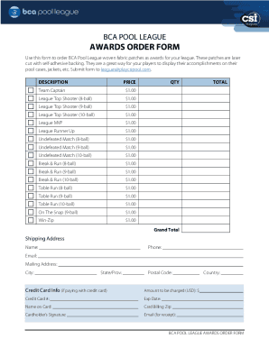 Fillable Online bca pool league - awards order form Fax Email Print ...