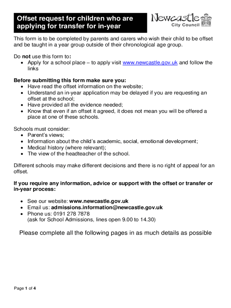 Fillable Online Offset request for children due to start reception in ...