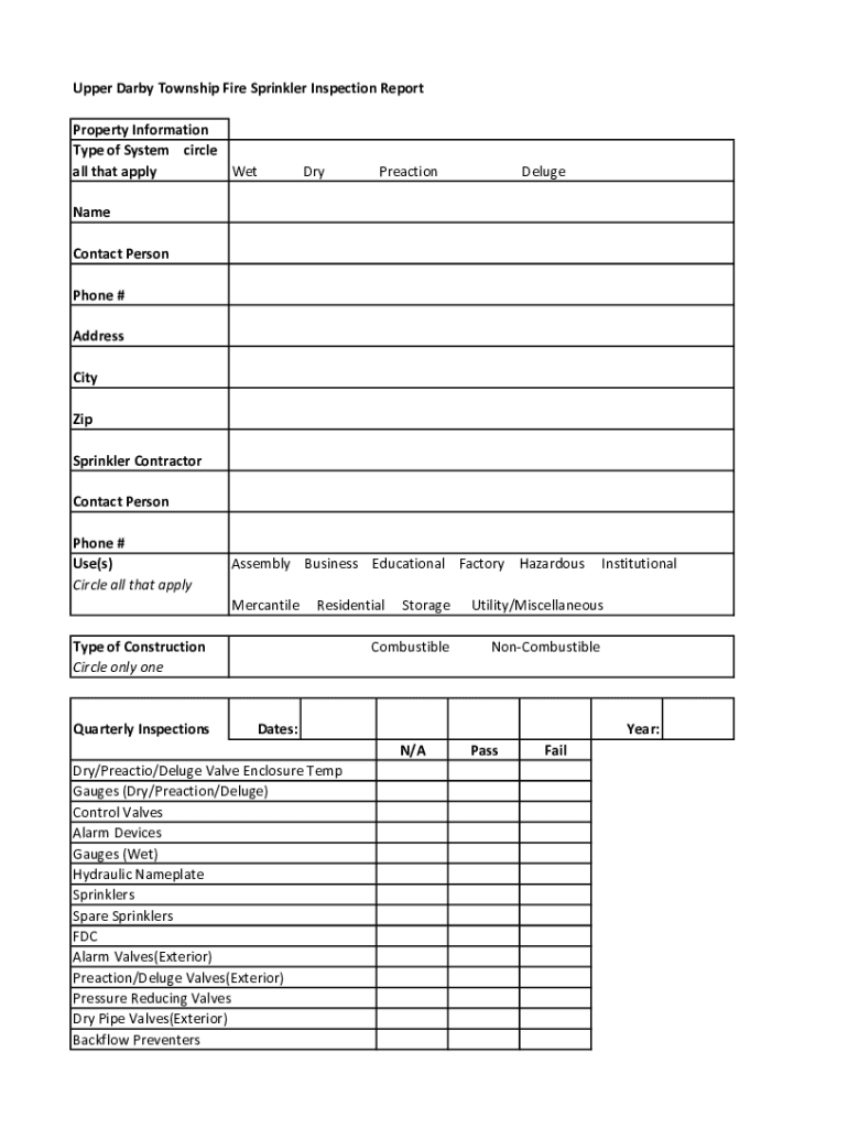 Fillable Online Upper Darby Township Fire Sprinkler Inspection Report ...