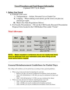 Fillable Online Meal Allowance General Reimbursement Guidelines for ...