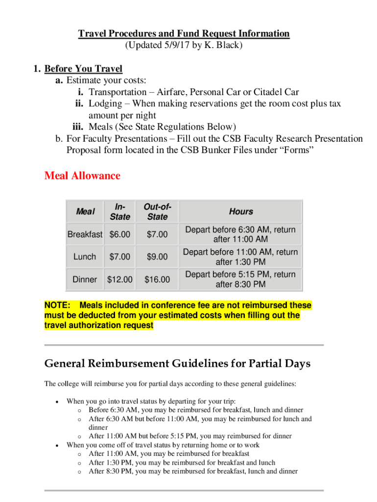 Fillable Online Meal Allowance General Reimbursement Guidelines for ...