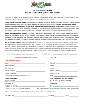 Fillable Online snyder landscaping roll-off container service agreement ...