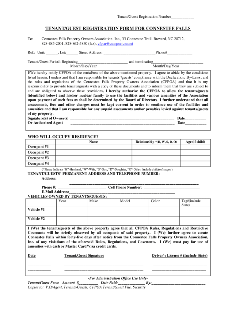 Fillable Online tenant/guest registration form for connestee falls Fax ...