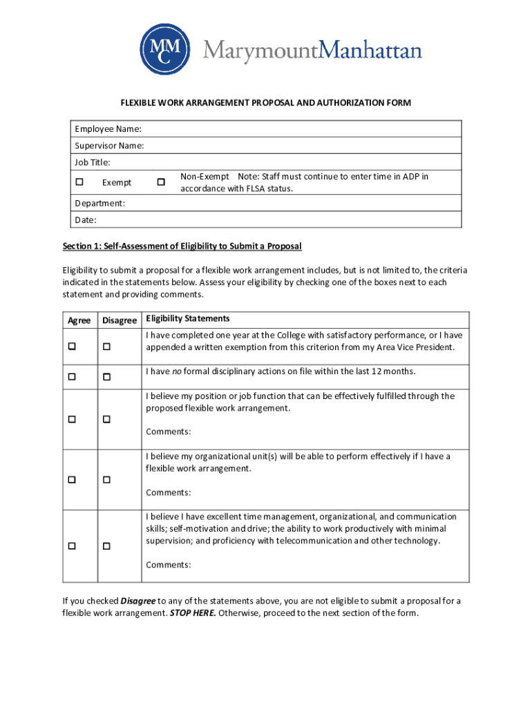 Fillable Online Flexible Work Arrangement Proposal and Authorization Form Fax Email Print ...
