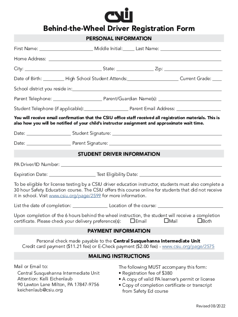 Fillable Online Behind-the-Wheel Driver Registration Form Fax Email Print - pdfFiller