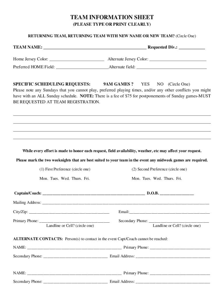 Fillable Online TEAM INFORMATION SHEET-7-24-16 Fax Email Print - pdfFiller