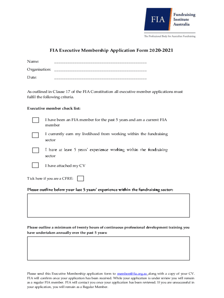 Fillable Online FIA Executive Membership Application Form 2020-2021 Fax ...