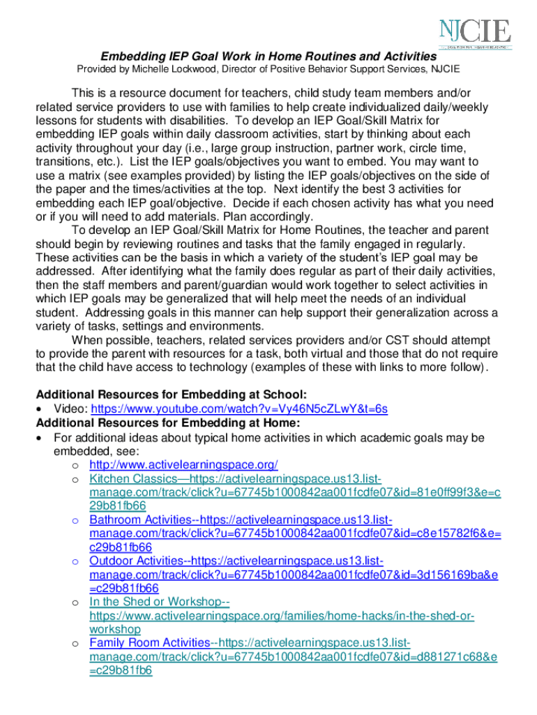 Fillable Online Embedding IEP Goal Work in Home Routines and Activities Fax Email Print - pdfFiller