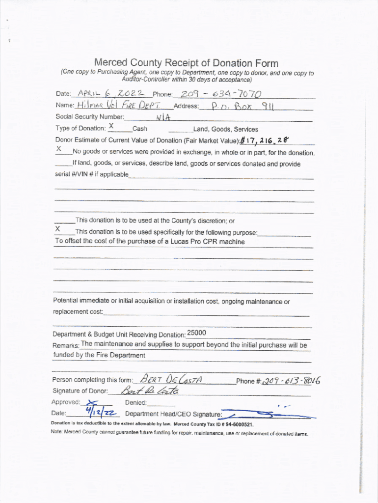 Fillable Online web2 co merced ca Merced County Receipt of Donation Form Fax Email Print - pdfFiller