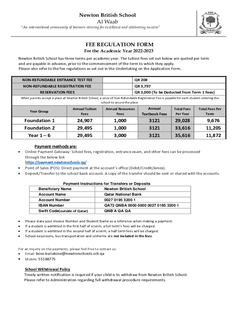 Fillable Online Newton British School Al Waab FEE REGULATION FORM ... Fax Email Print - pdfFiller